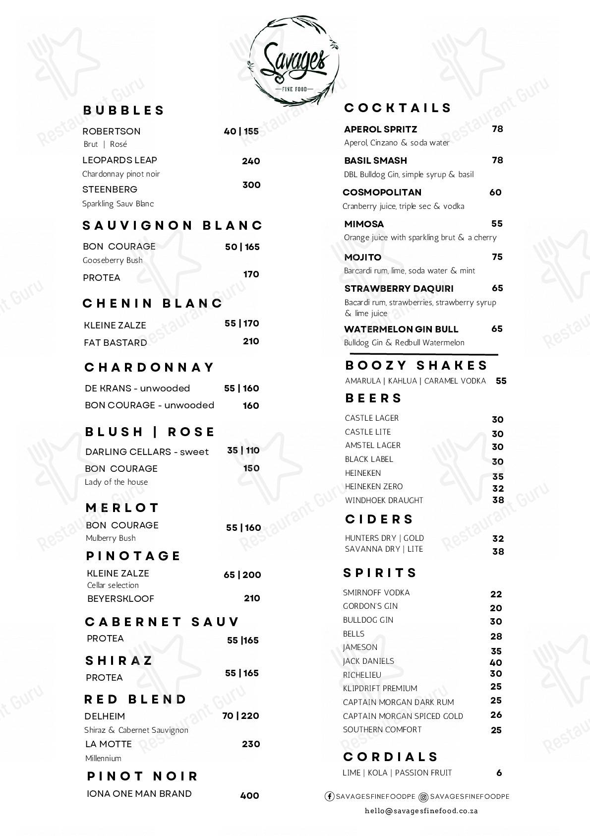 Menu at Savages Fine Food restaurant, Port Elizabeth