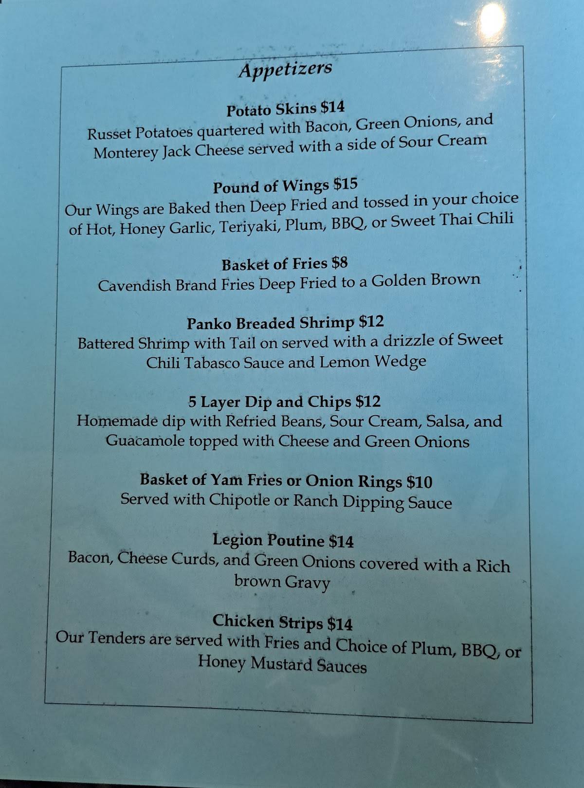 Menu at Port Moody Legion Club 119, Port Moody
