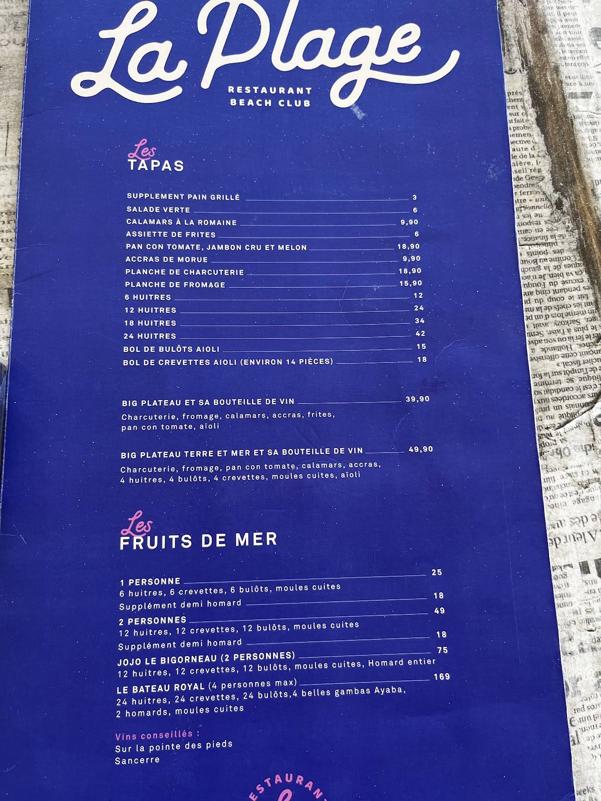 Menu au Restaurant La Plage, Port-la-Nouvelle