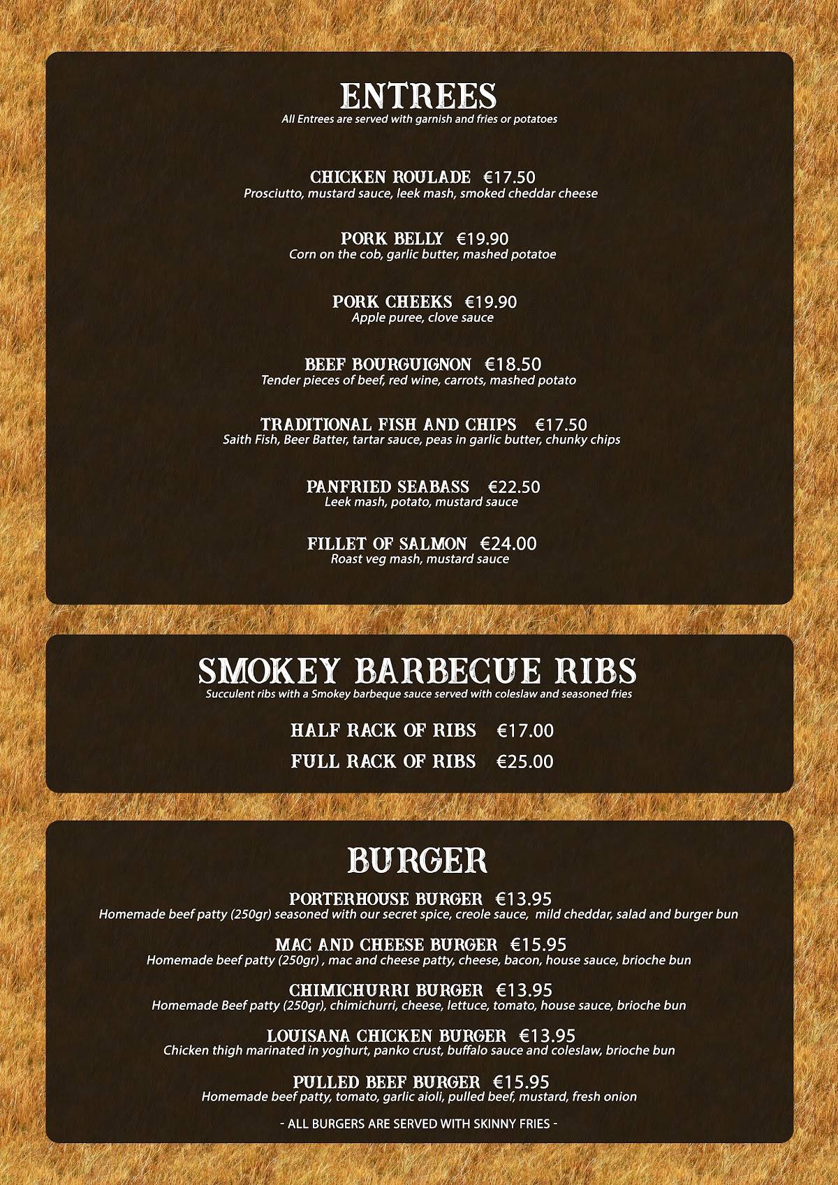 Menu au Porterhouse BBQ, Il-Mellieħa