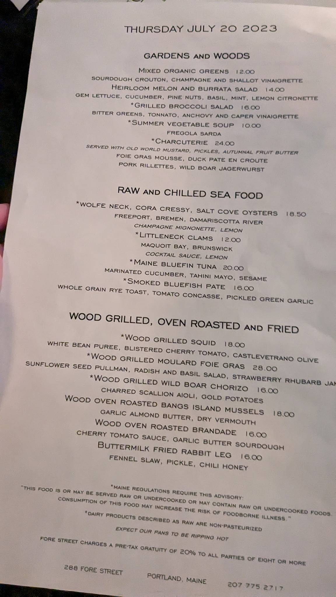 Menu at Fore Street Restaurant, Portland