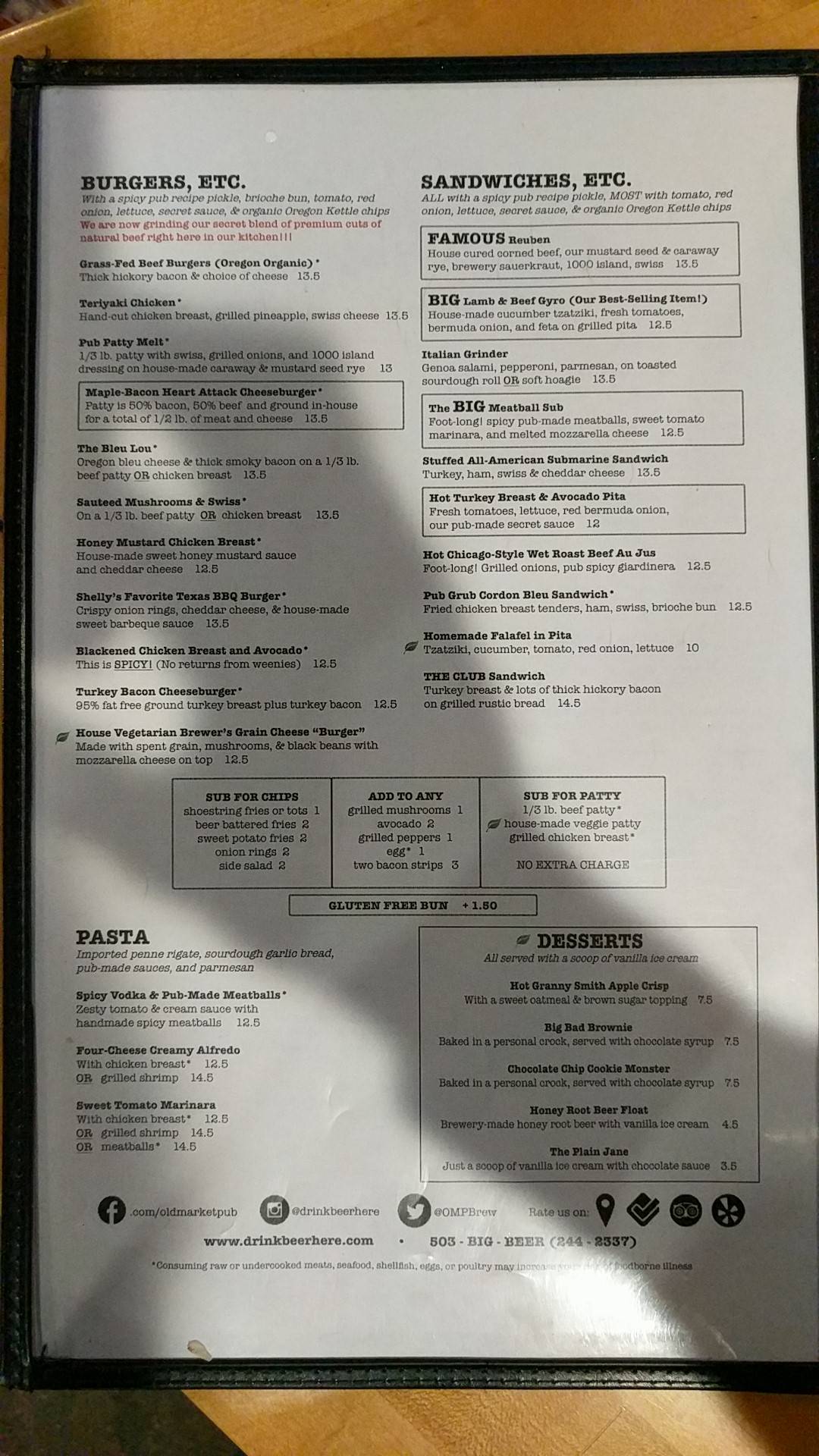 Menu at Old Market Pub & Brewery, Portland