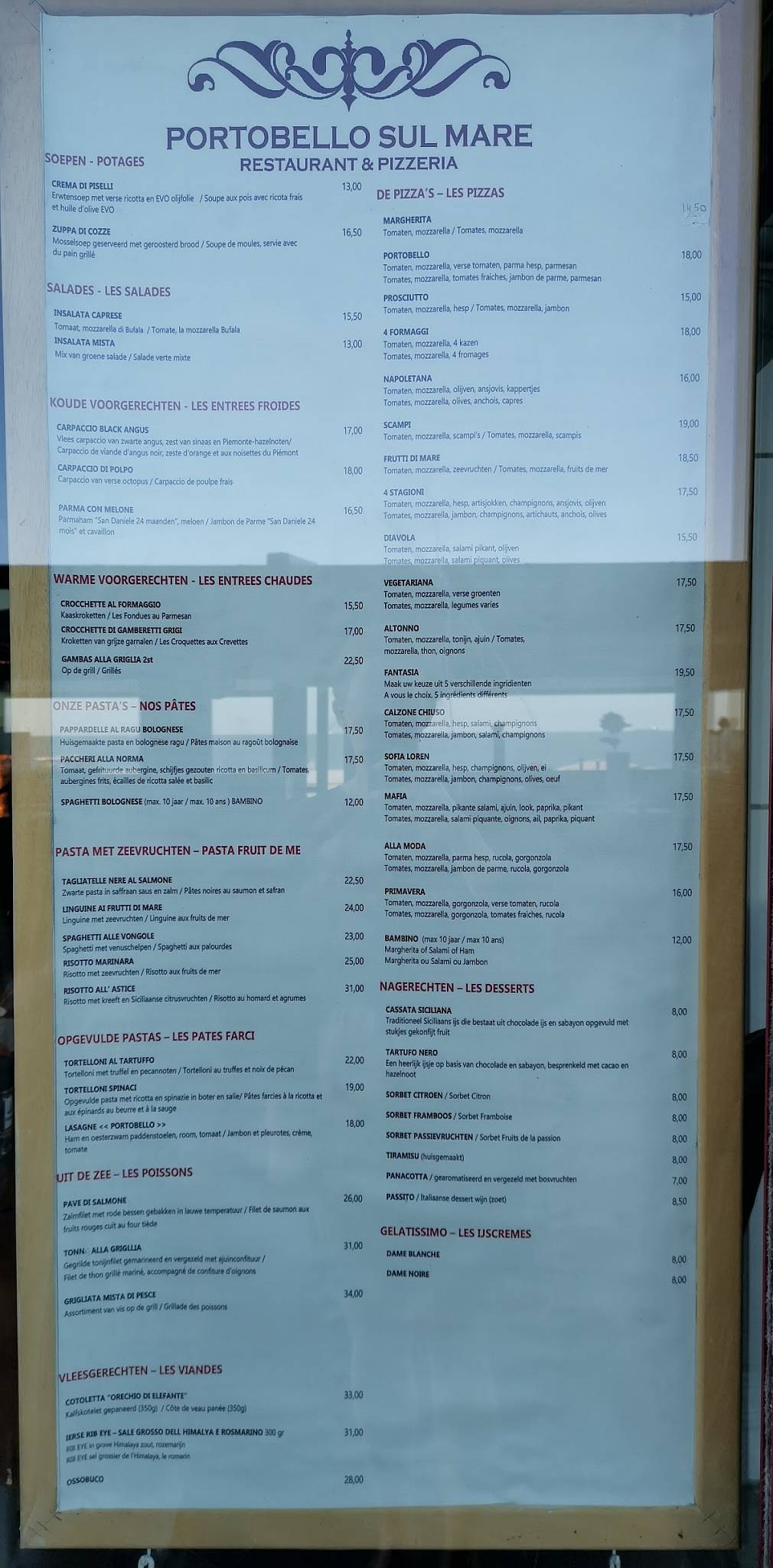 Menu at Portobello Sul Mare Restaurant, Blankenberge, Zeedijk 109