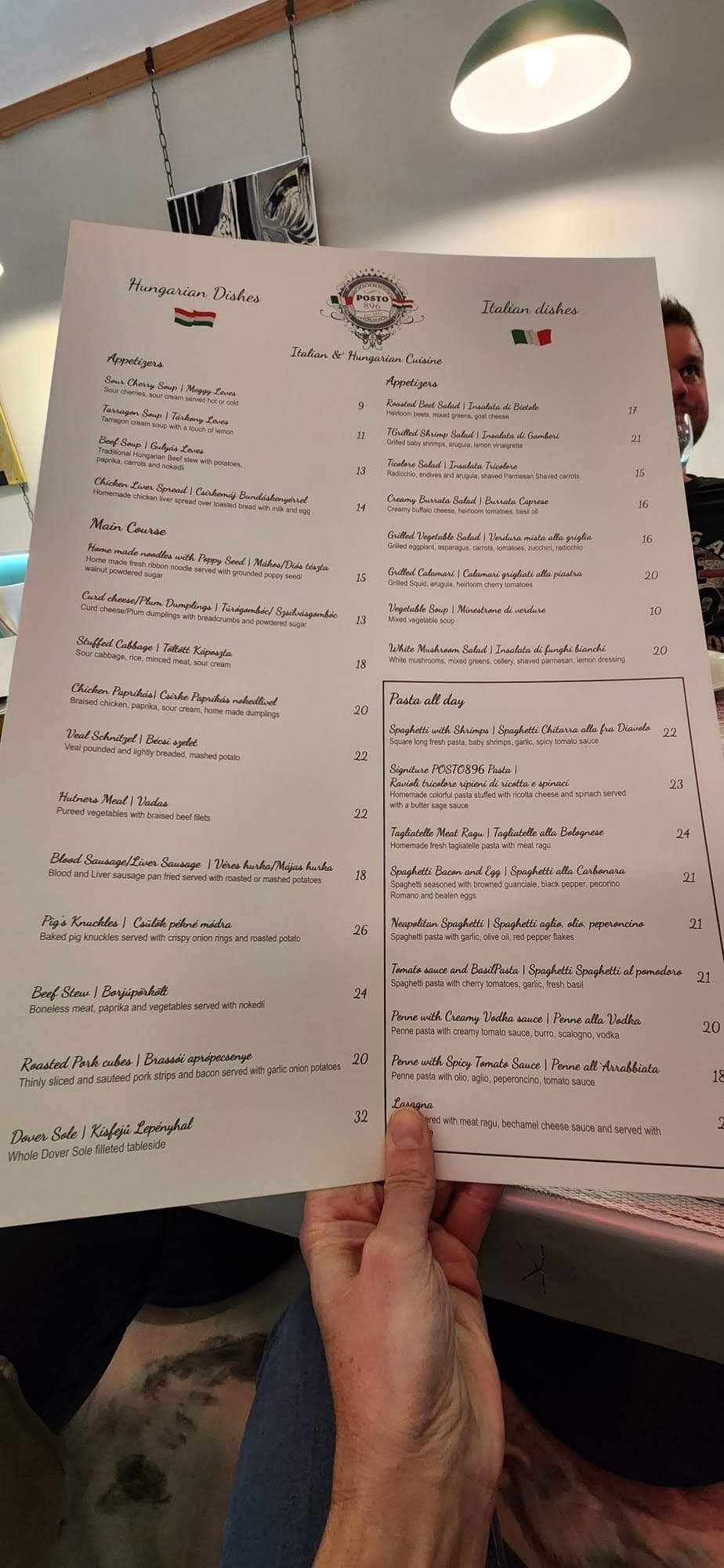 Menu at Posto 896 Italian & Hungarian Cuisine restaurant, Los Angeles