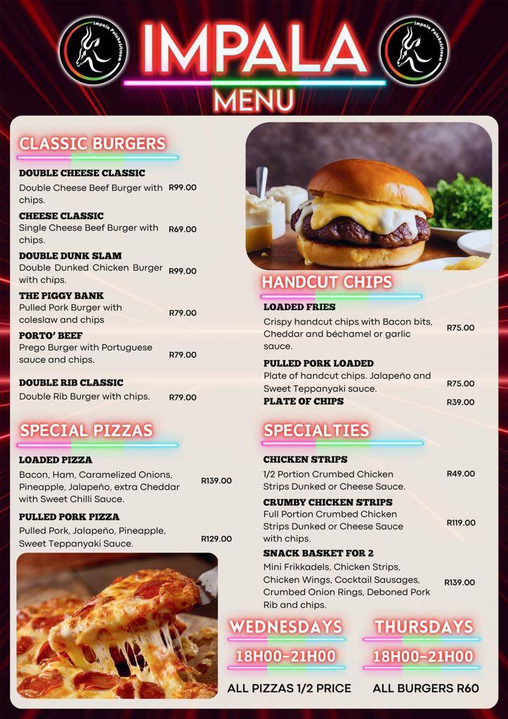 Menu at Impala Potchefstroom pub & bar, Potchefstroom