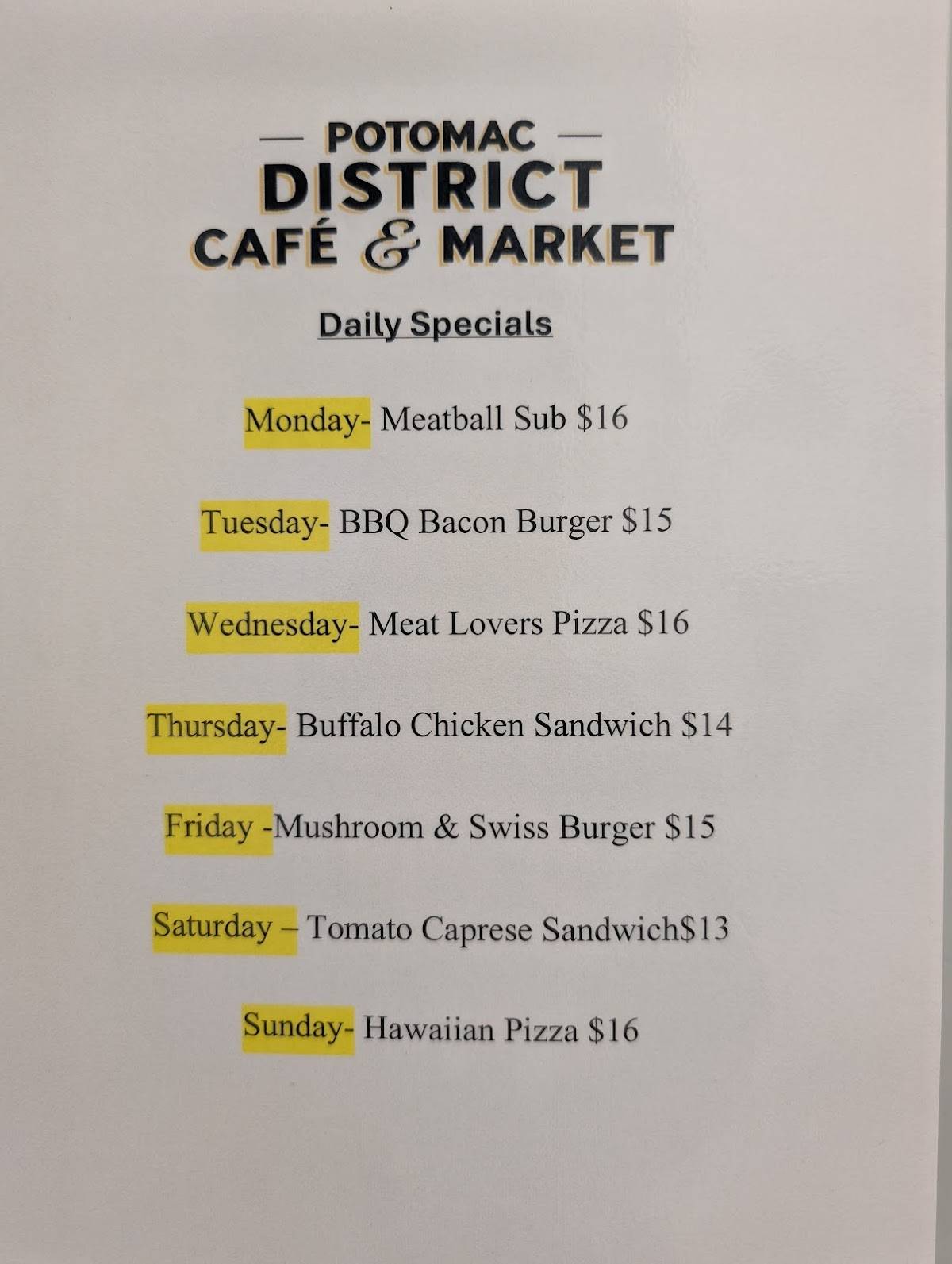 Menu at Potomac District Cafe & Market, Oxon Hill