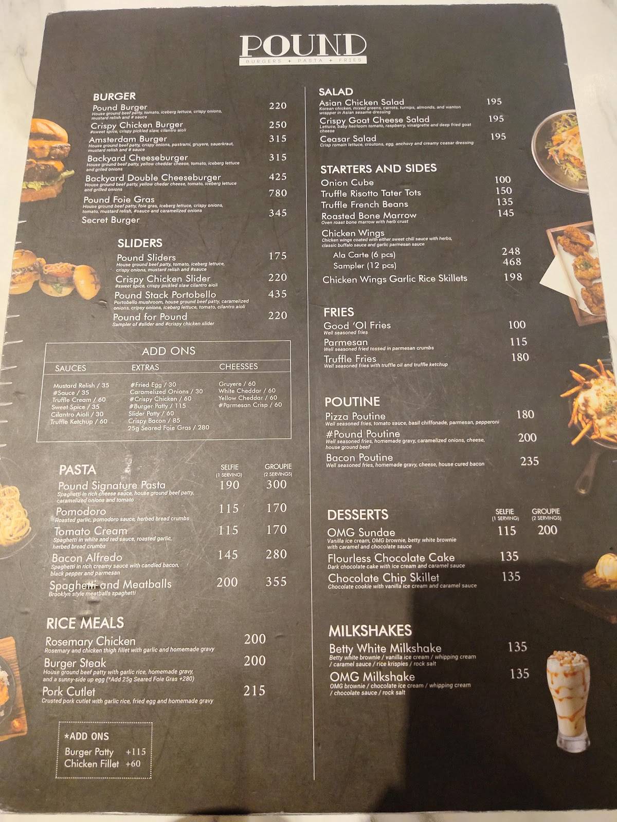 Menu at Pound restaurant, Quezon City, M24J+JCM
