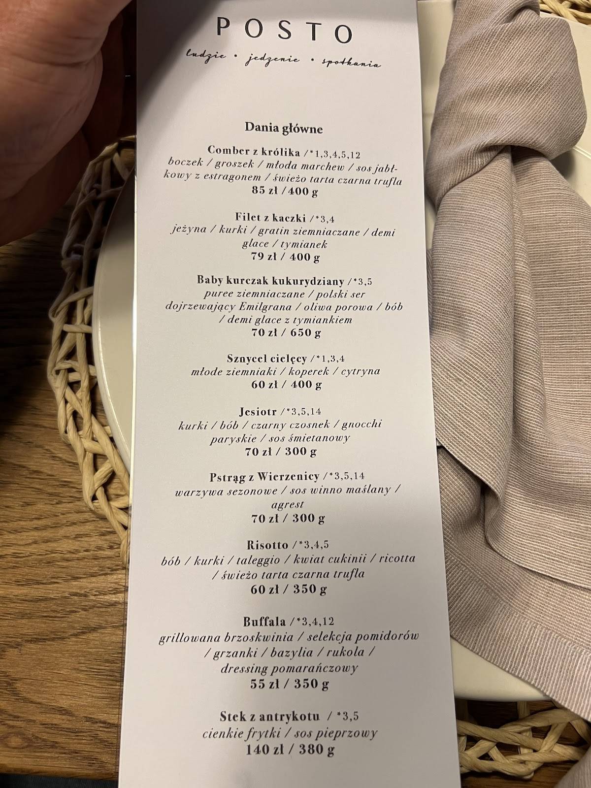 Menu at Posto restaurant, Poznań