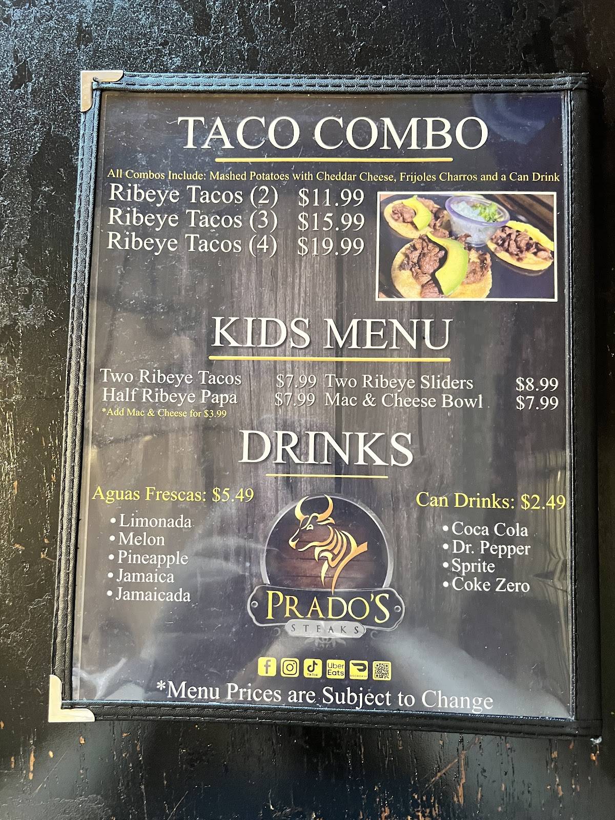 Menu at Prado's Steaks restaurant, McAllen