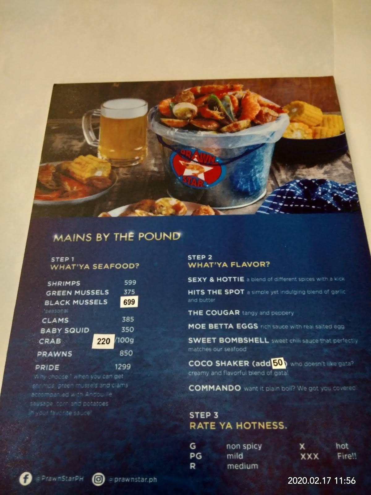 Menu at Prawn Star PH restaurant, Pasig