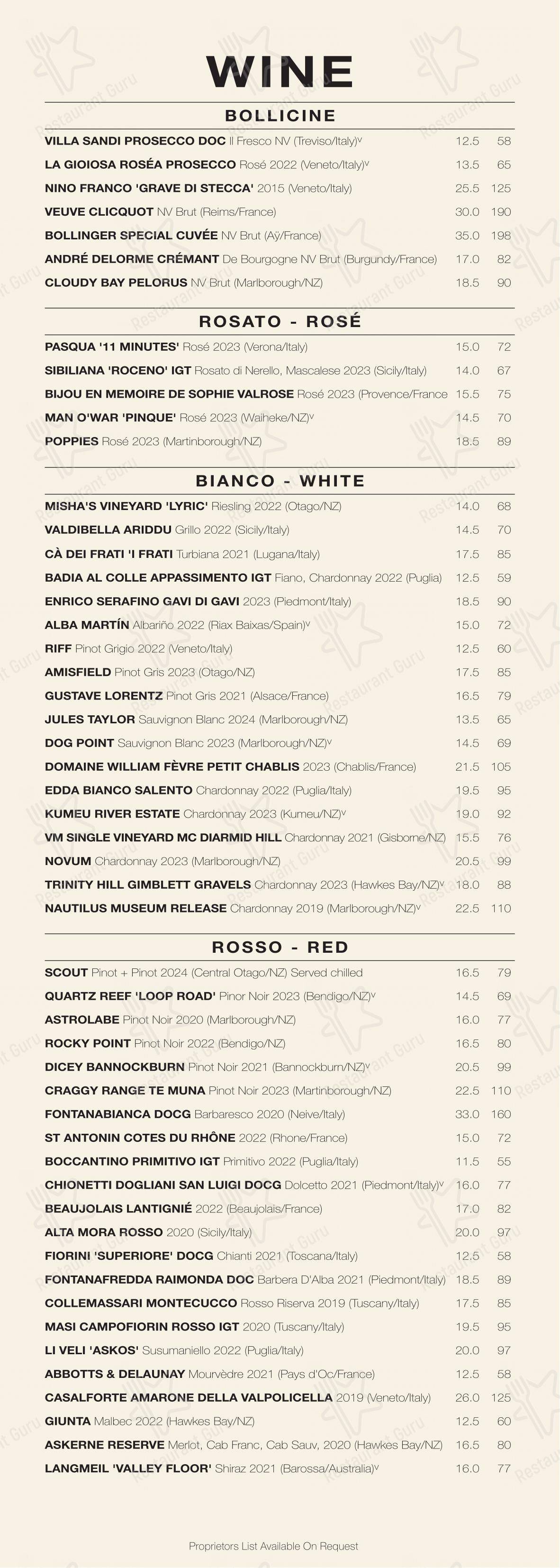 Menu at Prego Restaurant, Auckland