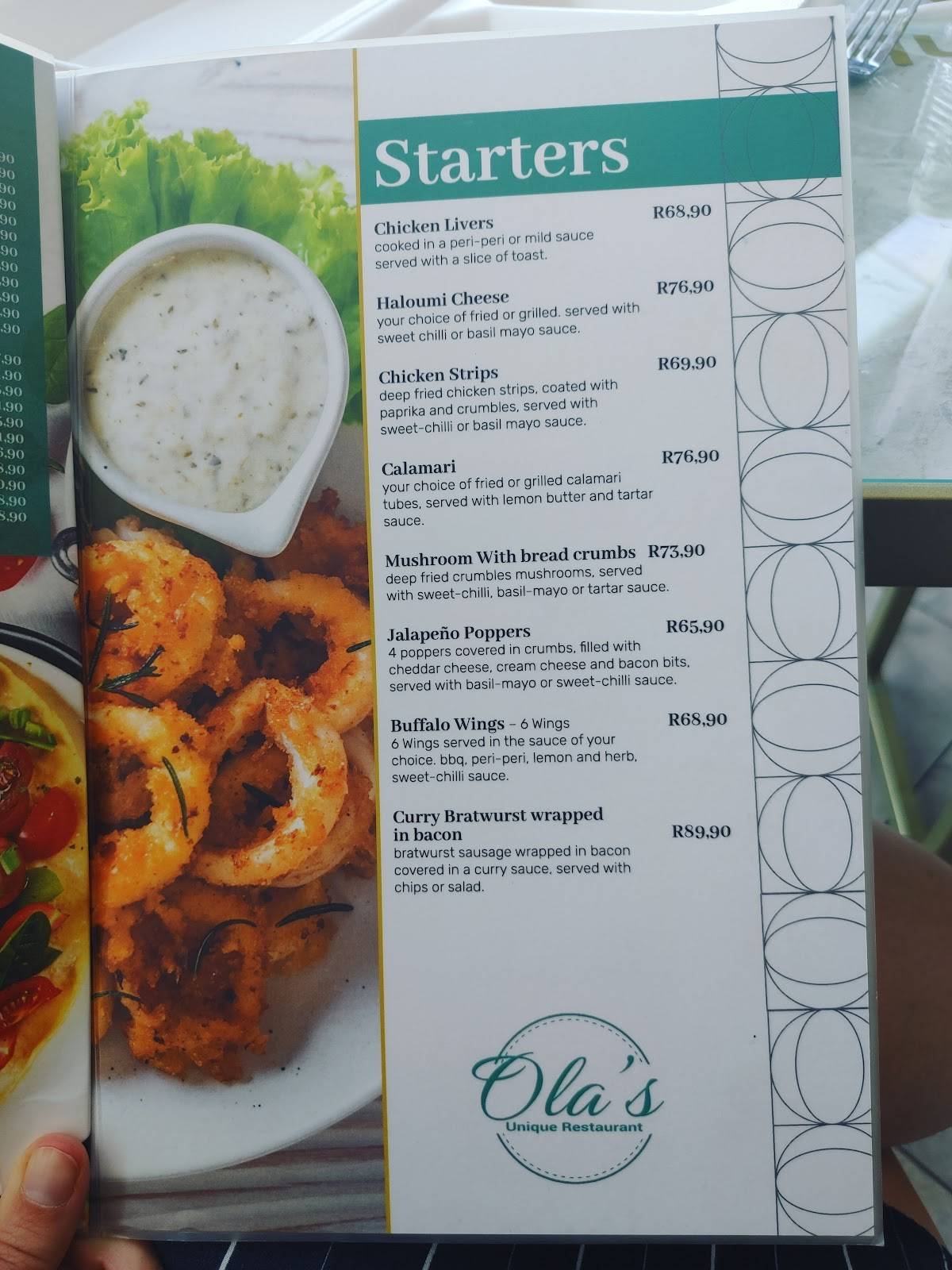 Menu at Ola's Unique Restaurant, Pretoria