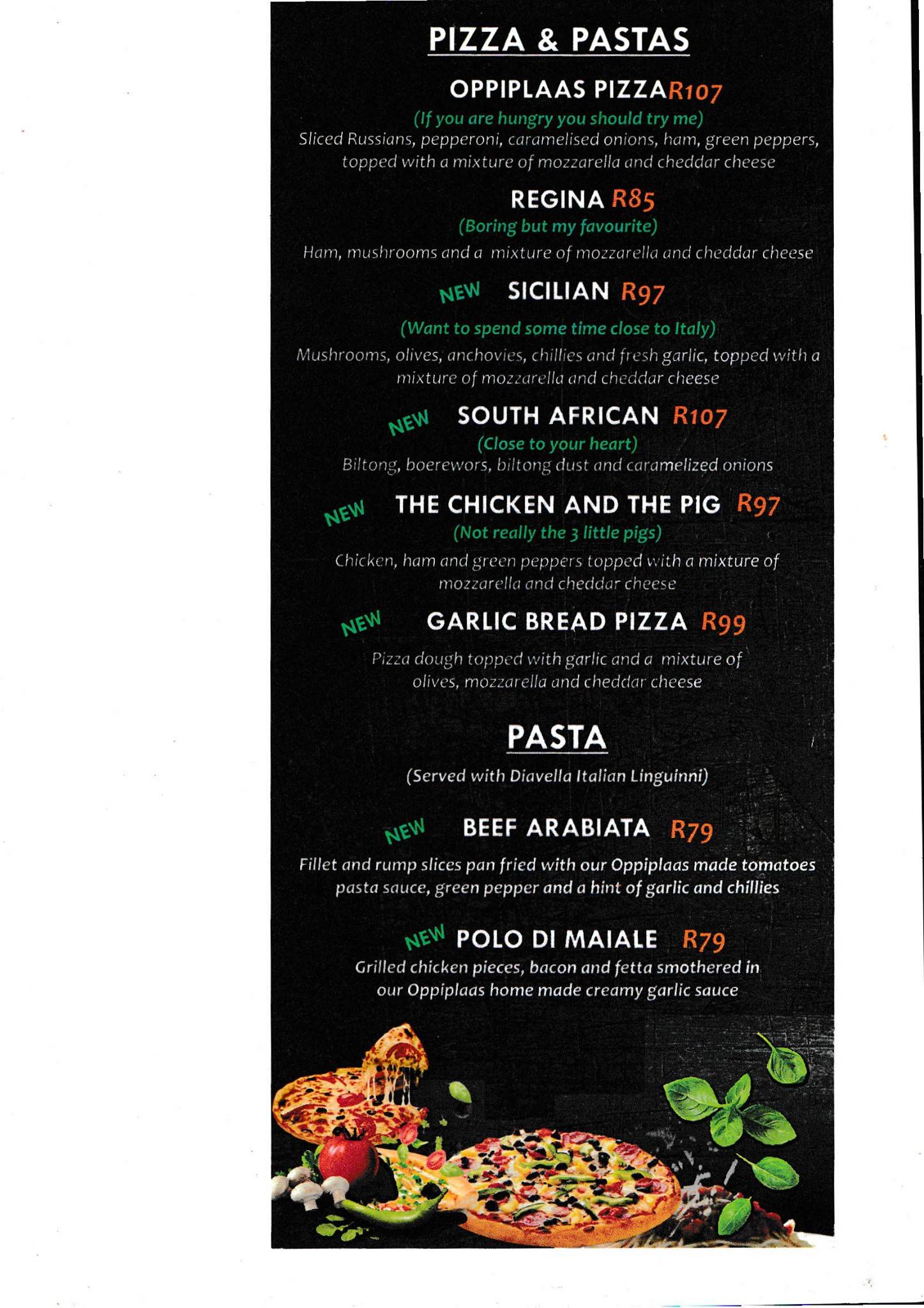 Menu at Oppiplaas restaurant, Pretoria