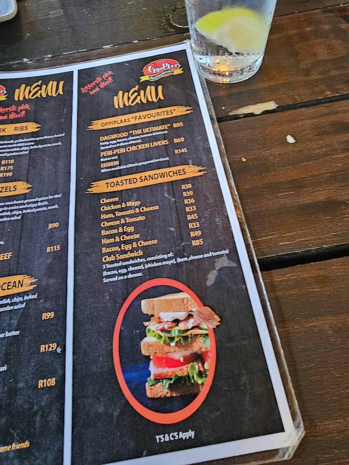 Menu at Oppiplaas restaurant, Pretoria