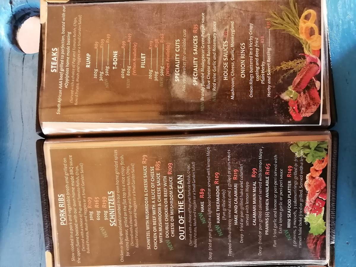 Menu at Oppiplaas restaurant, Pretoria