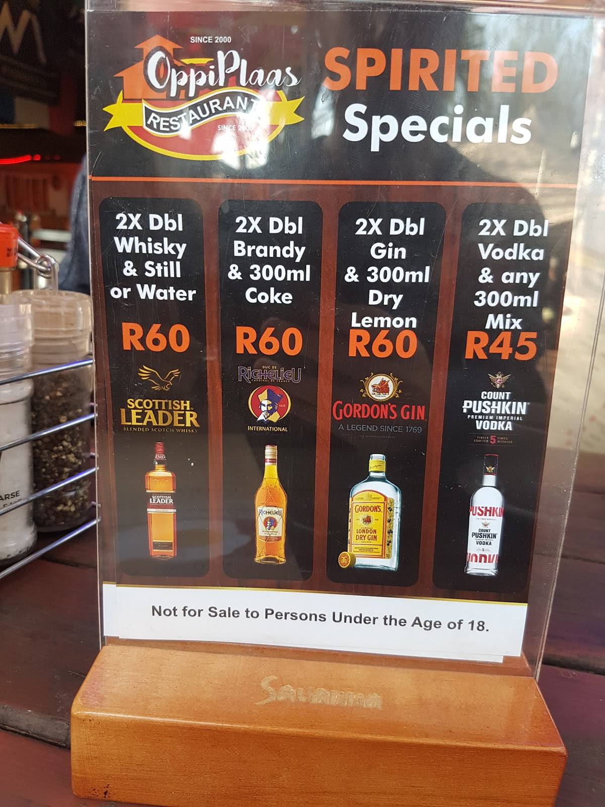 Menu at Oppiplaas restaurant, Pretoria