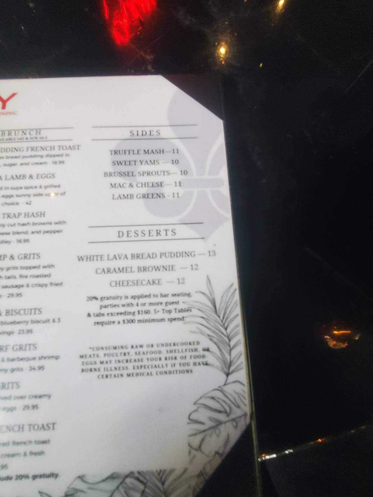 Menu at Prey restaurant, Houston