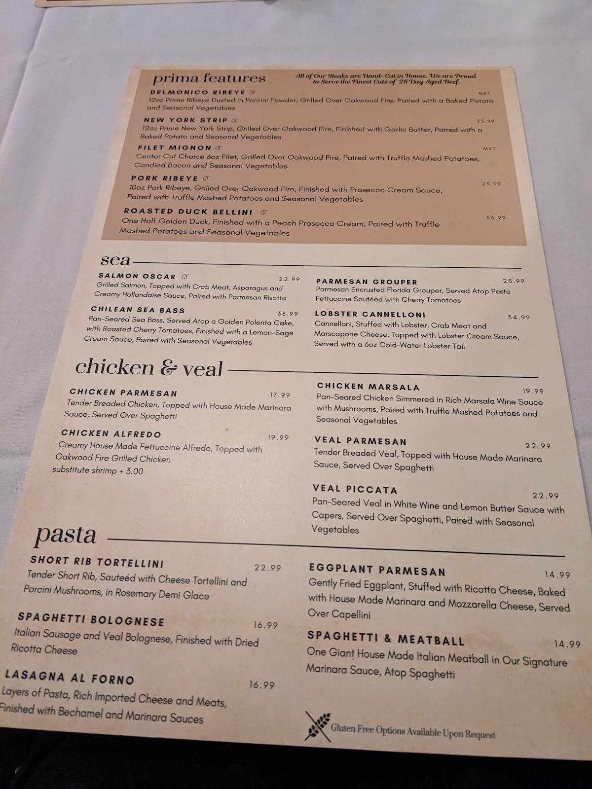 Menu at Prima Italian Steakhouse, The Villages