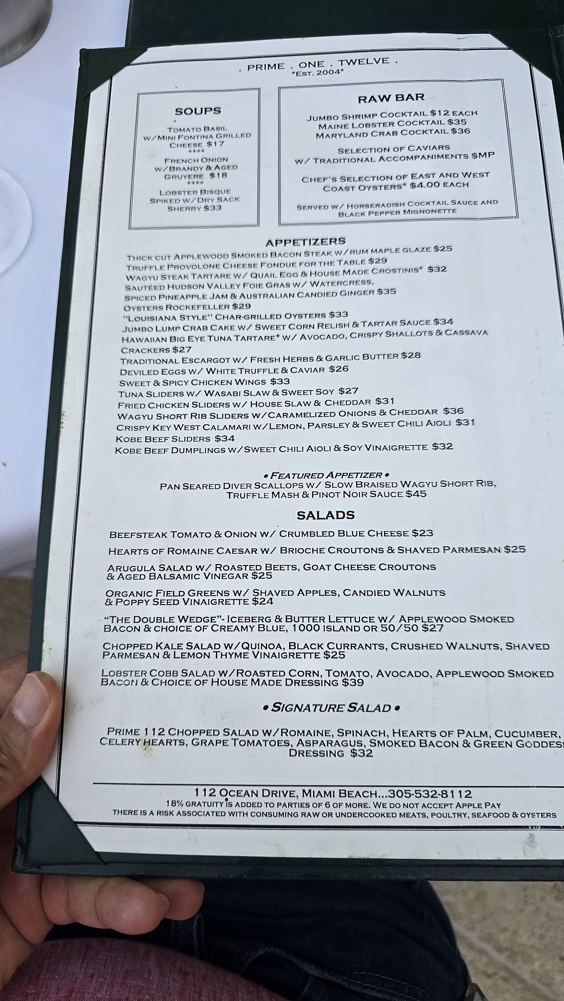 Menu at Prime 112 Restaurant, Miami Beach