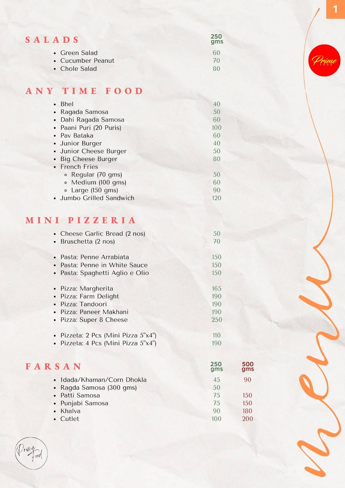 Menu at Prime Food, Navsari