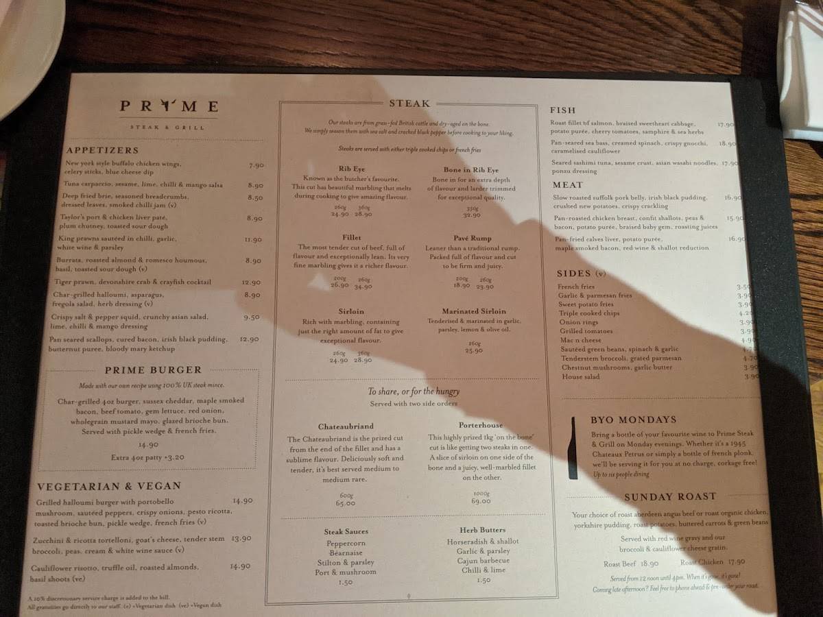 Menu at Prime Steak and Grill steakhouse, St Albans, 83-85 London Rd