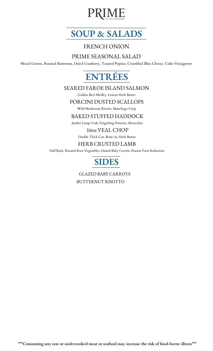 Menu at Prime at Sky Meadow restaurant, Nashua