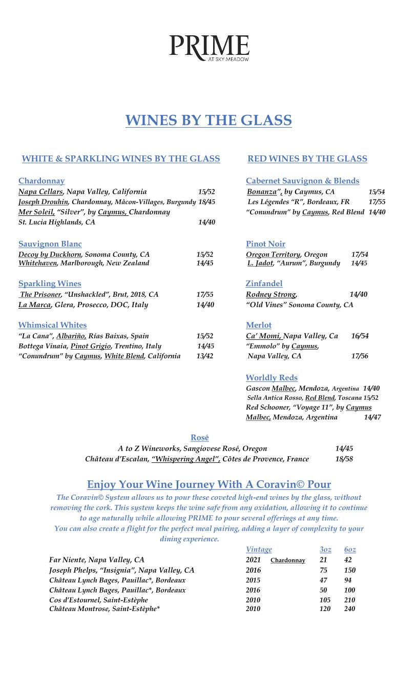 Menu at Prime at Sky Meadow restaurant, Nashua