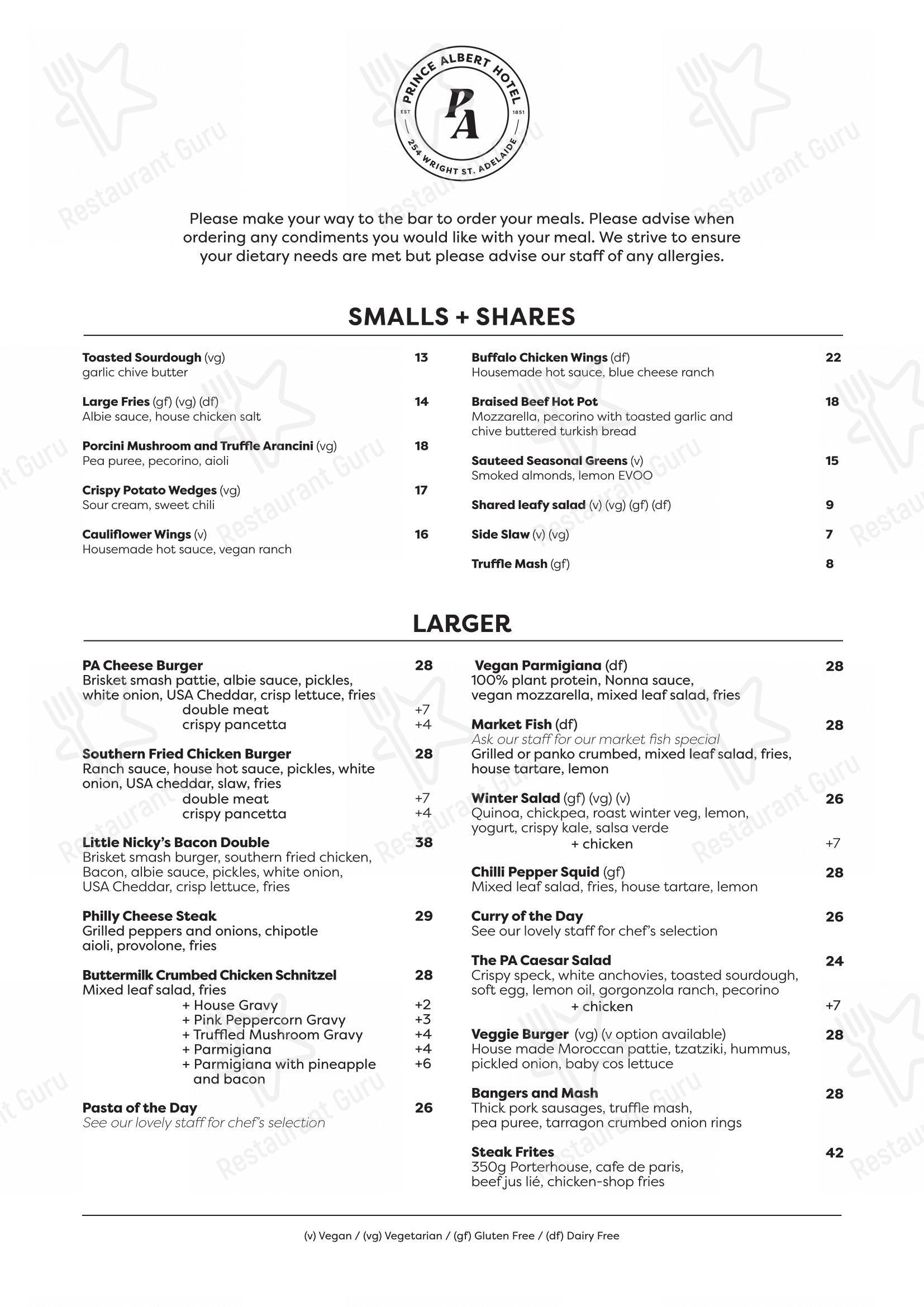 Menu at Prince Albert Hotel restaurant, Adelaide