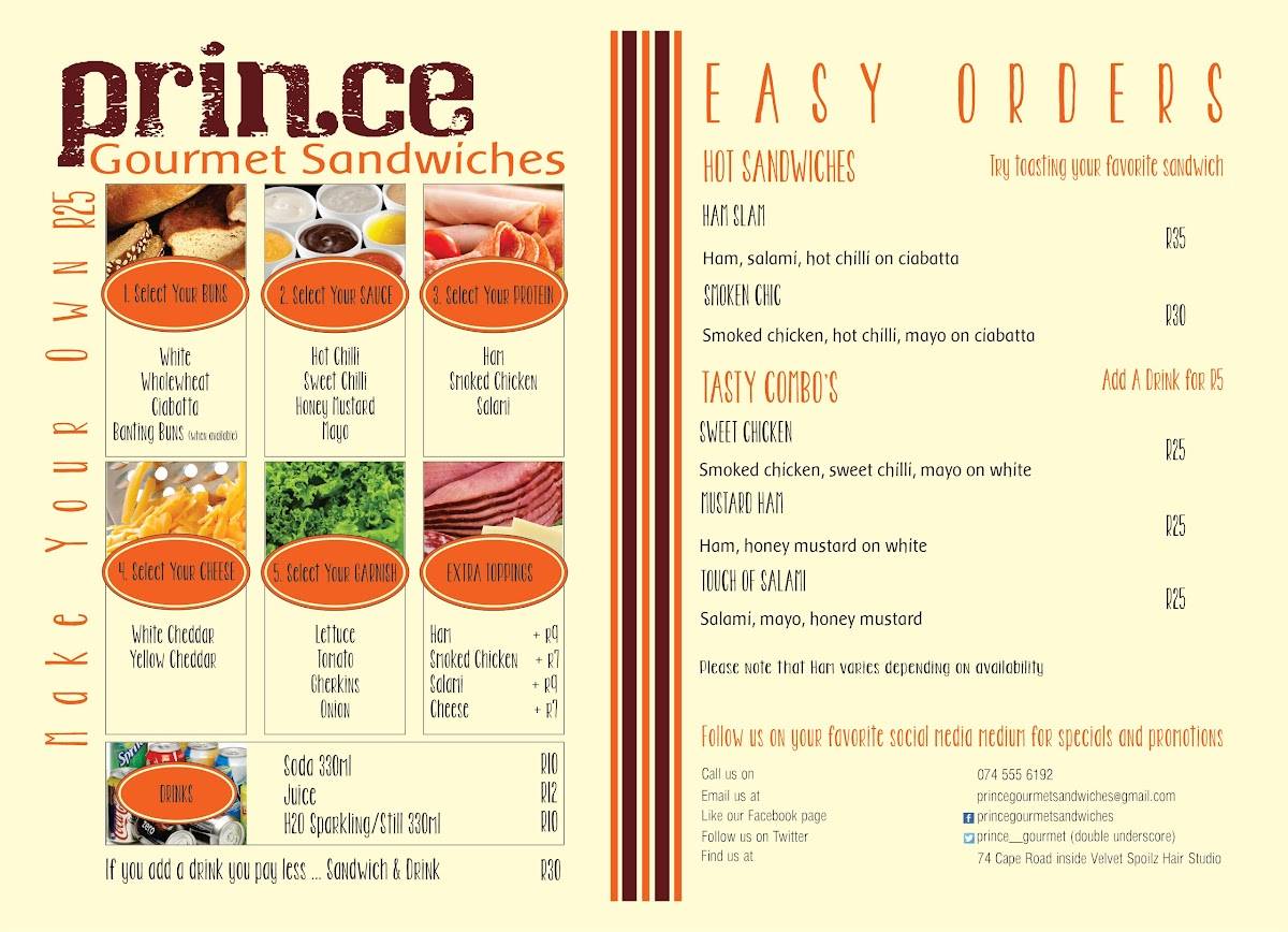 Menu at Prince Gourmet Sandwiches, Port Elizabeth
