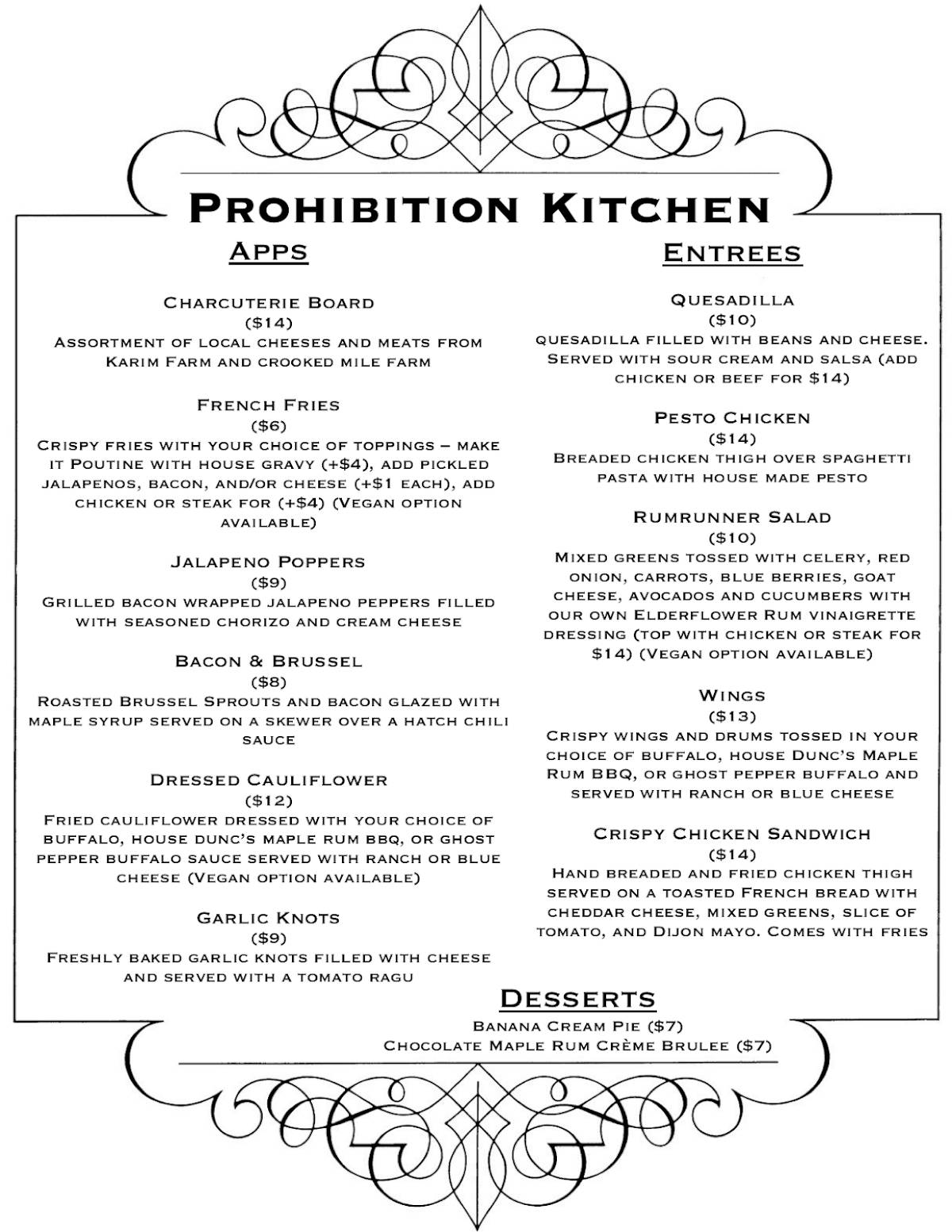 Menu at Prohibition Kitchen restaurant, Saint Johnsbury