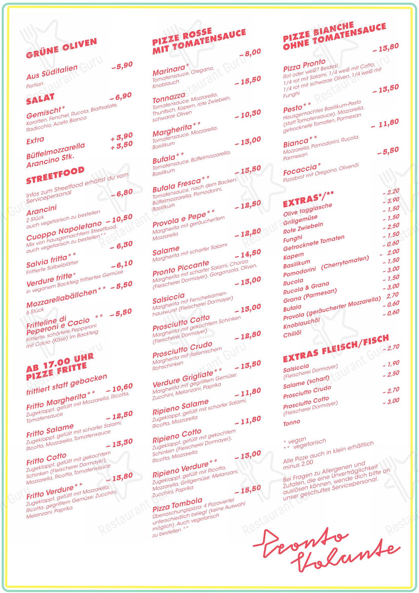 Carta de pizzería Pronto Volante, Viena