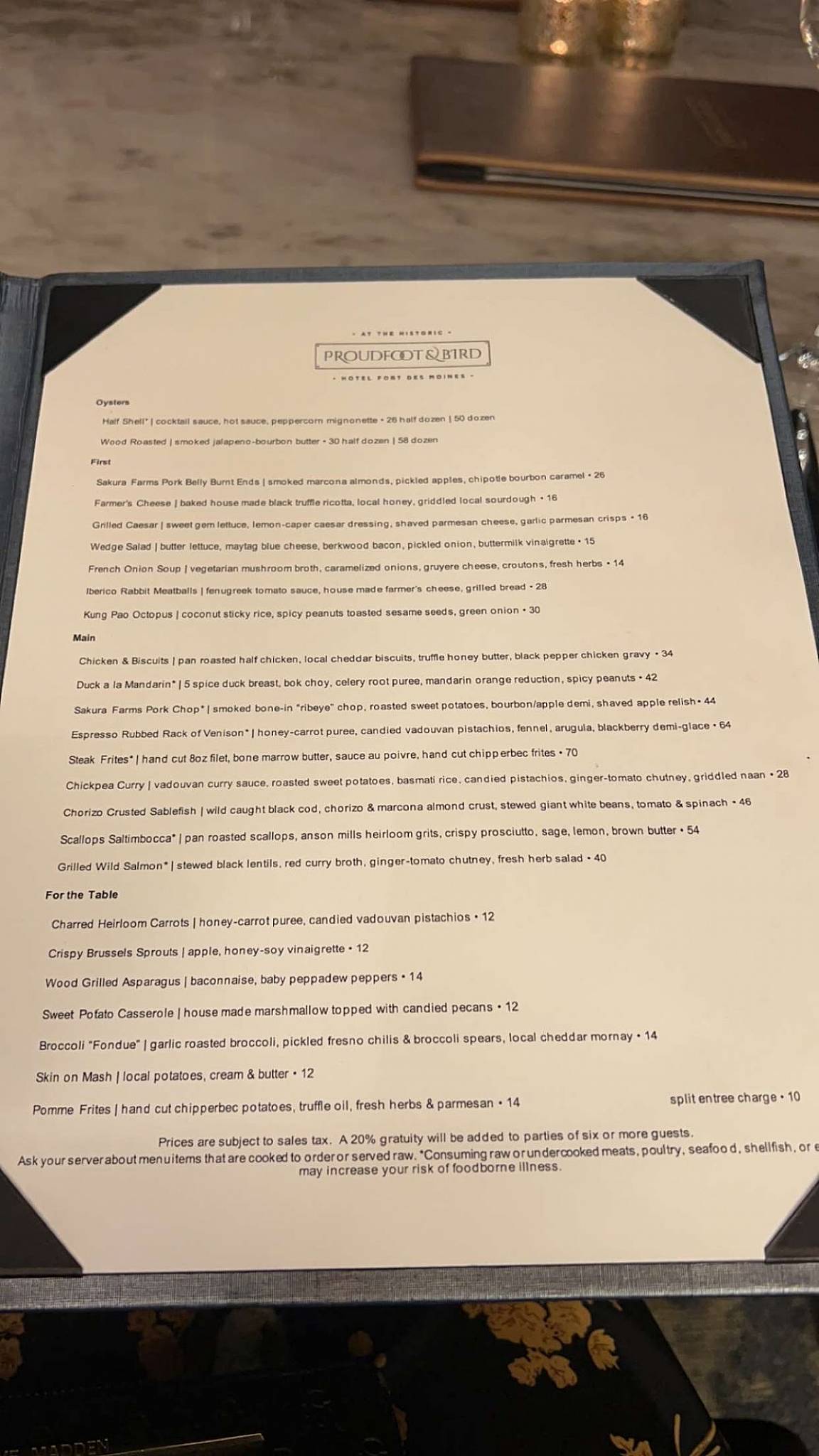 Menu at Proudfoot & Bird steakhouse, Des Moines