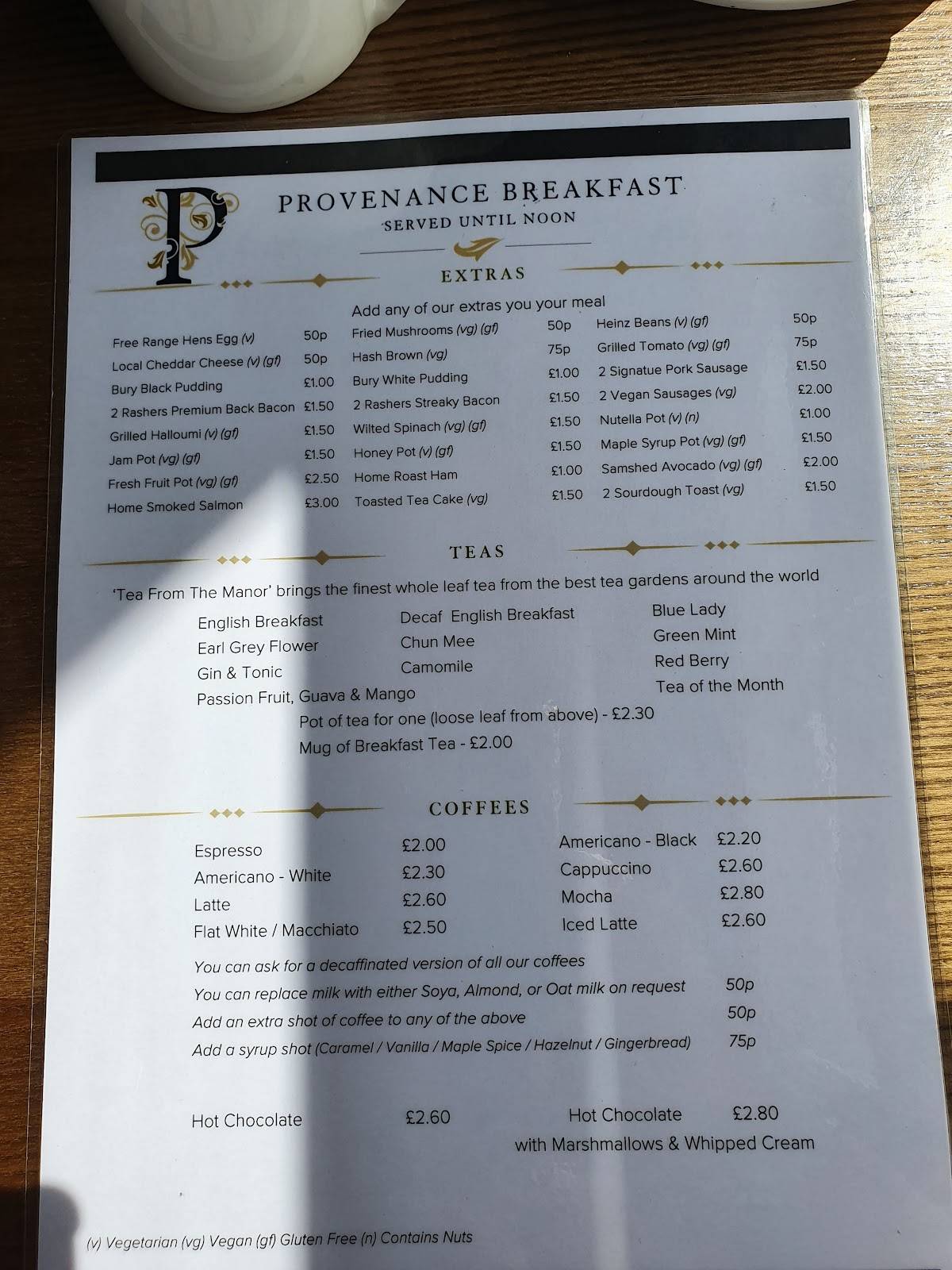 Menu at Provenance Food Hall cafe, Bolton