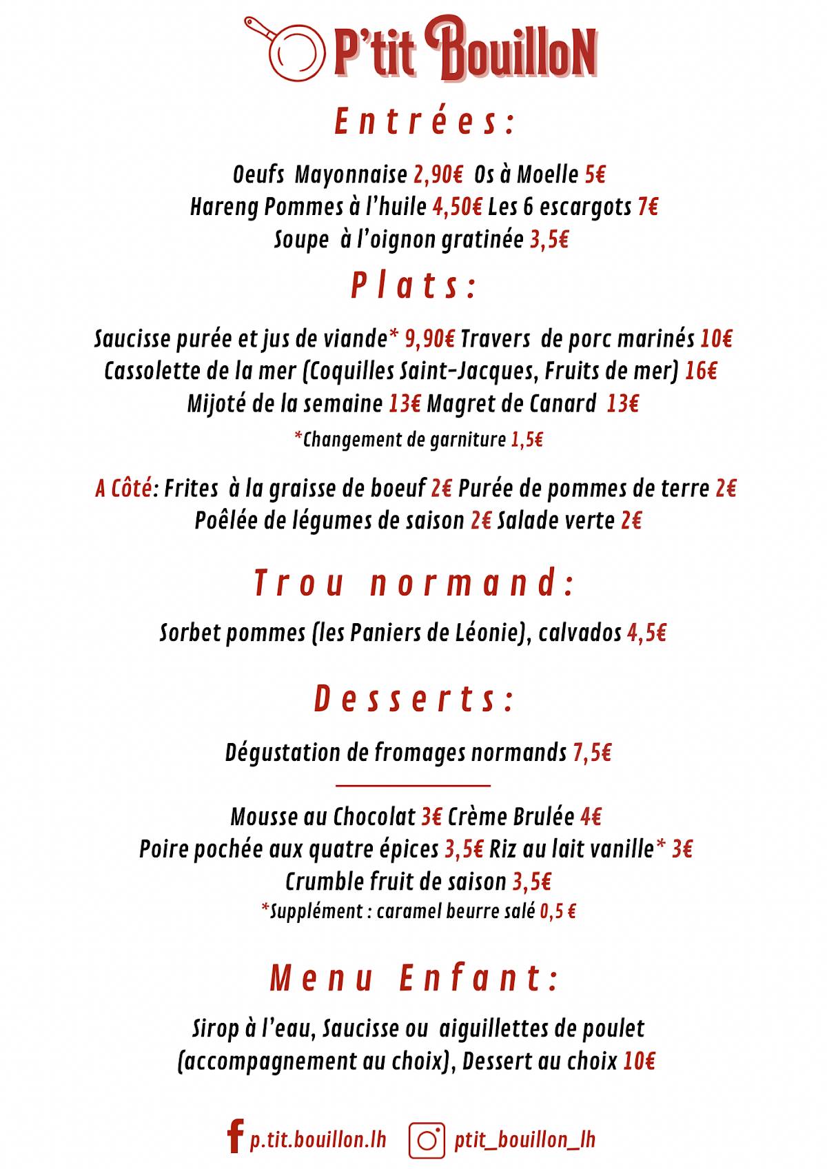 Menu at P'tit Bouillon - LH, Le Havre