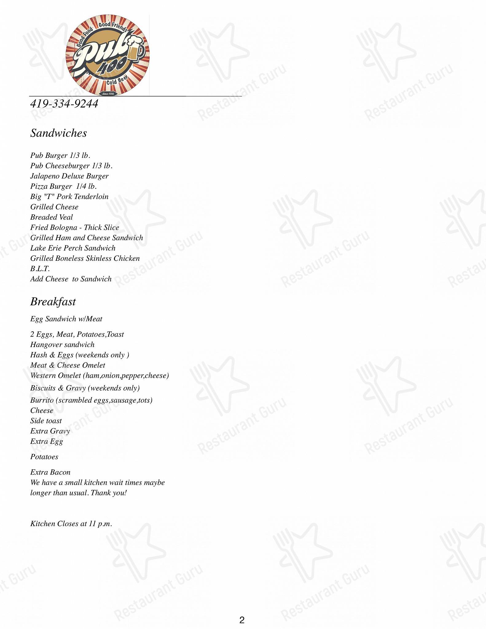 Menu at Pub 400, Fremont