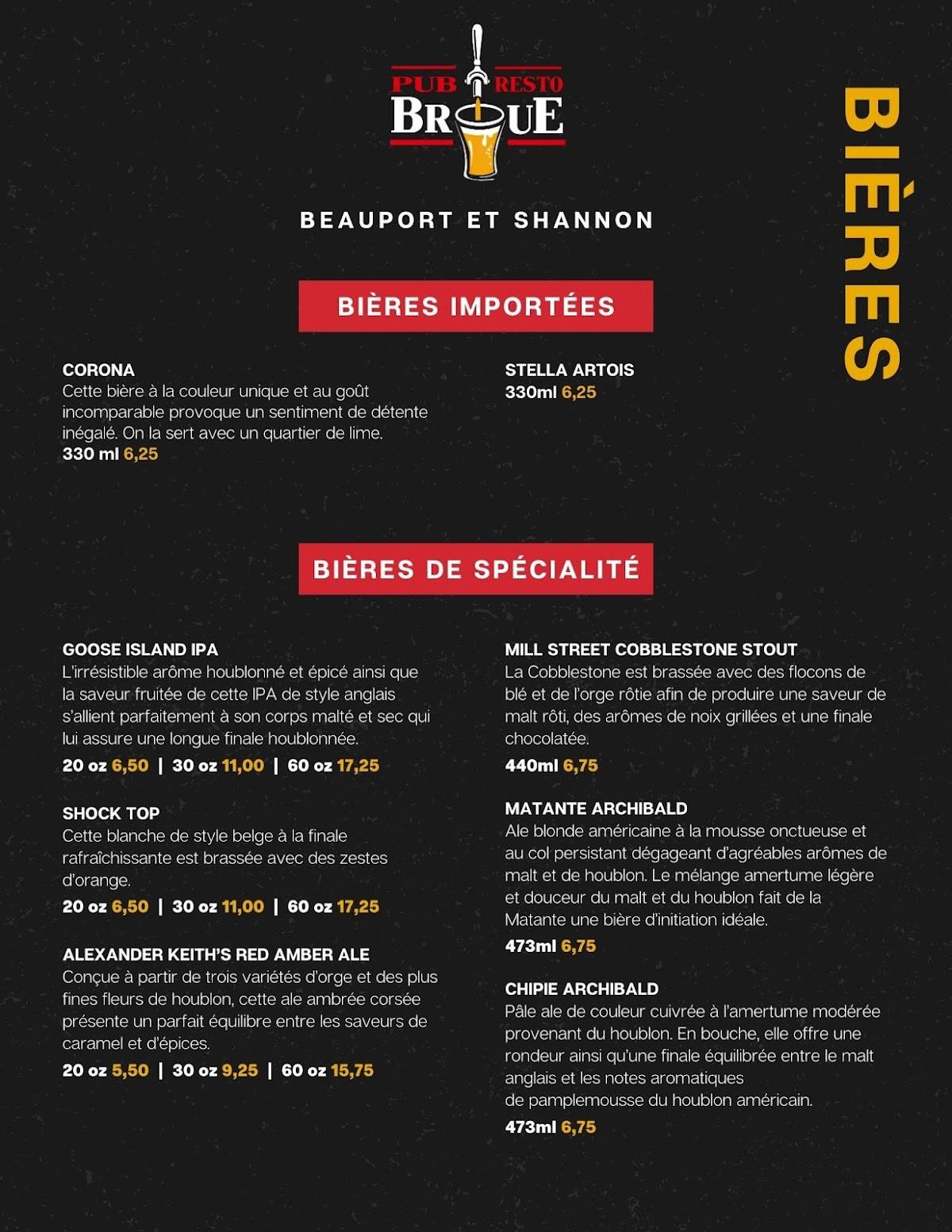 Carta de Pub Resto Broue Beauport, Quebec