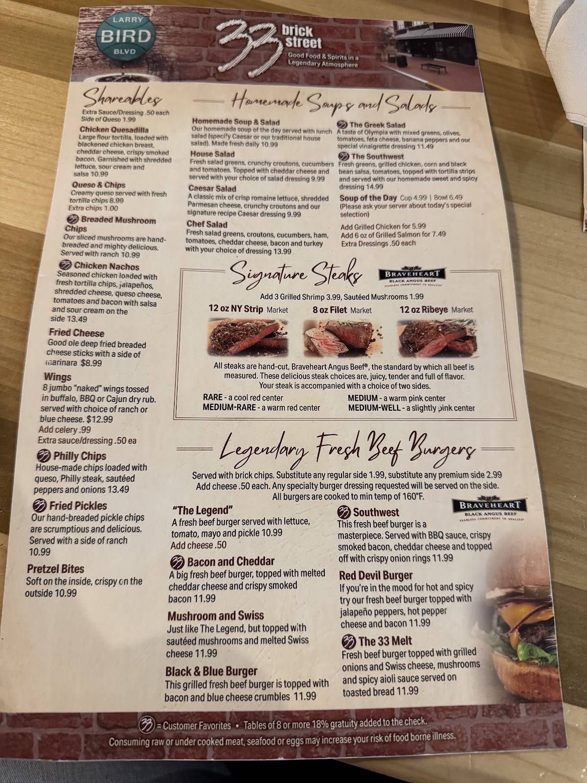 Menu at 33 Brick Street pub & bar, French Lick, 480 S Maple St