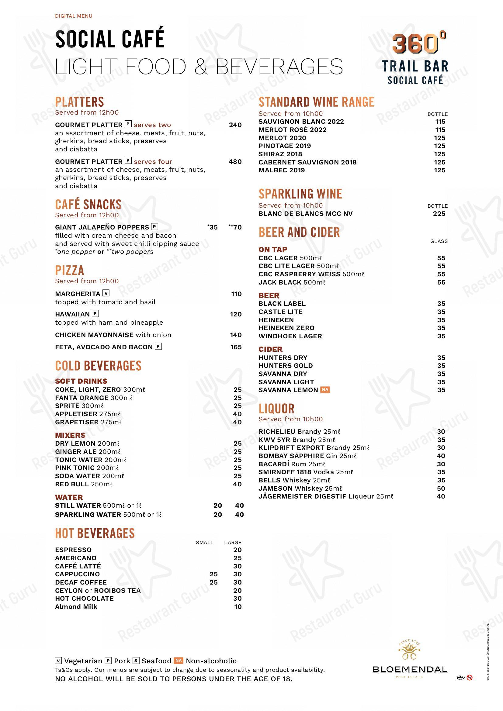 Menu au 360° Trail Bar Social Café, Le Cap