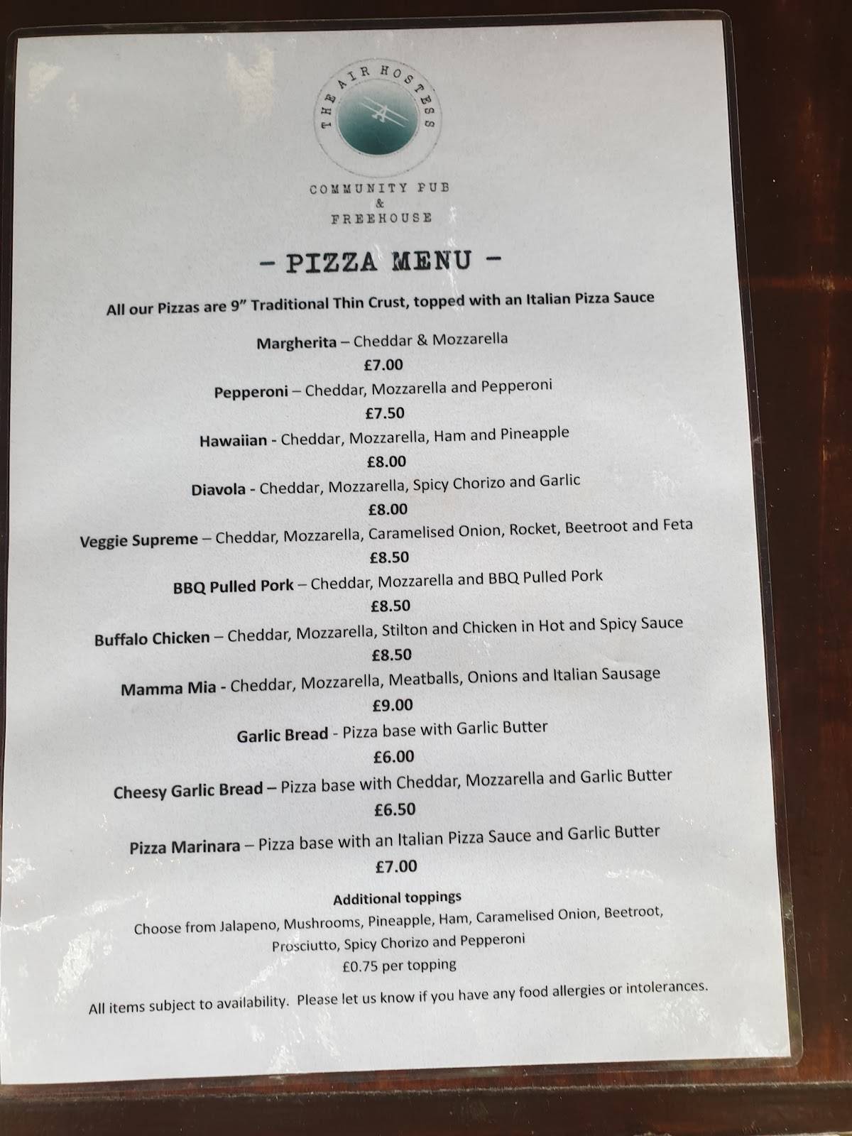 Menu at Air Hostess pub & bar, Nottingham