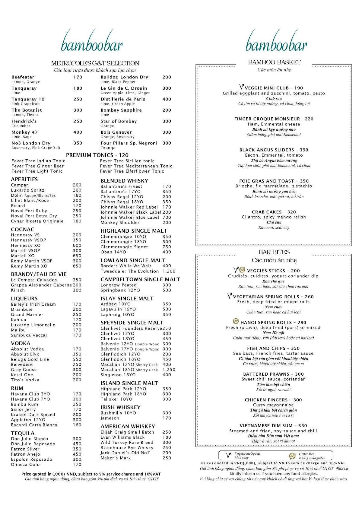 Menu at Bamboo Bar, Hanoi
