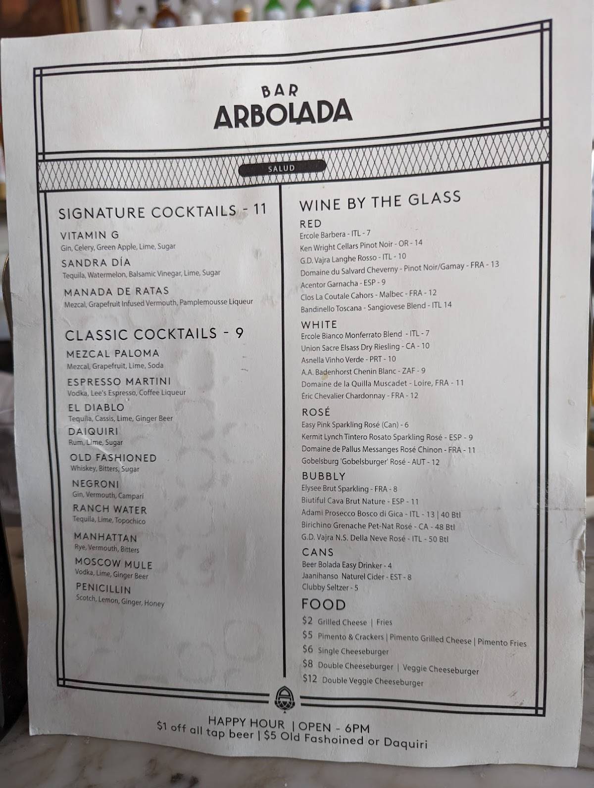 Menu at Bar Arbolada, Oklahoma City