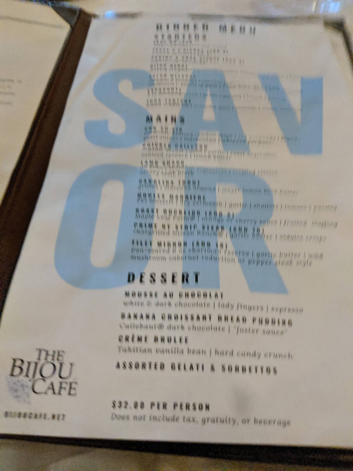 Menu at Bijou Garden Cafe, Sarasota