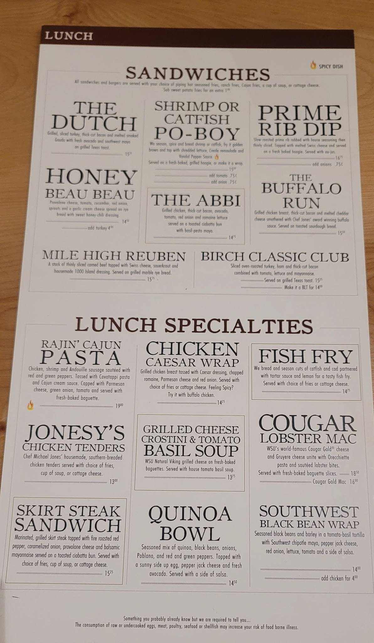 Menu at Birch and Barley, Pullman