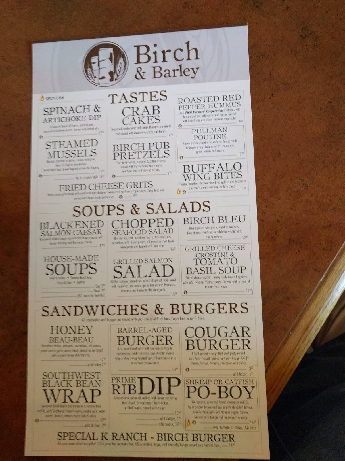 Menu at Birch and Barley, Pullman