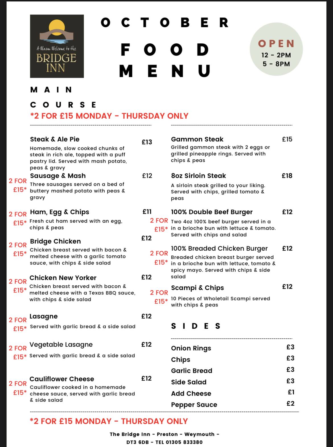 Menu at Bridge Inn pub & bar, Weymouth
