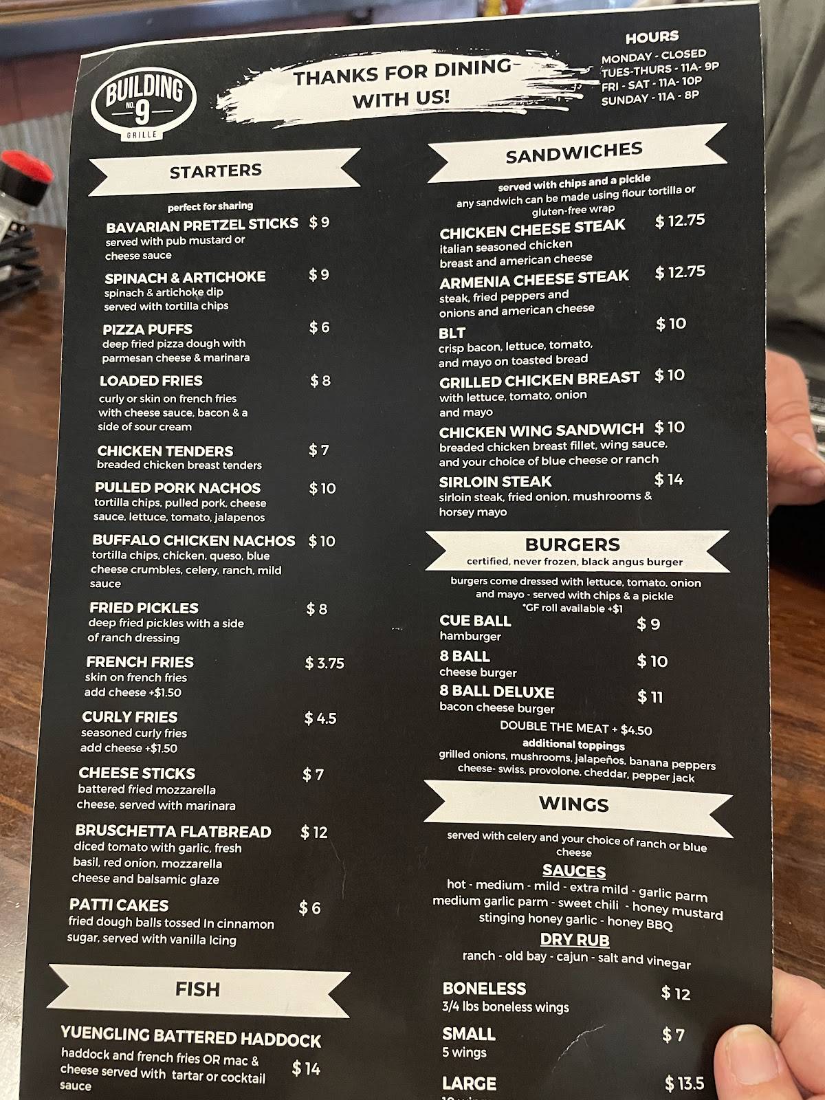 Menu at Building No 9 Grille pub & bar, Troy
