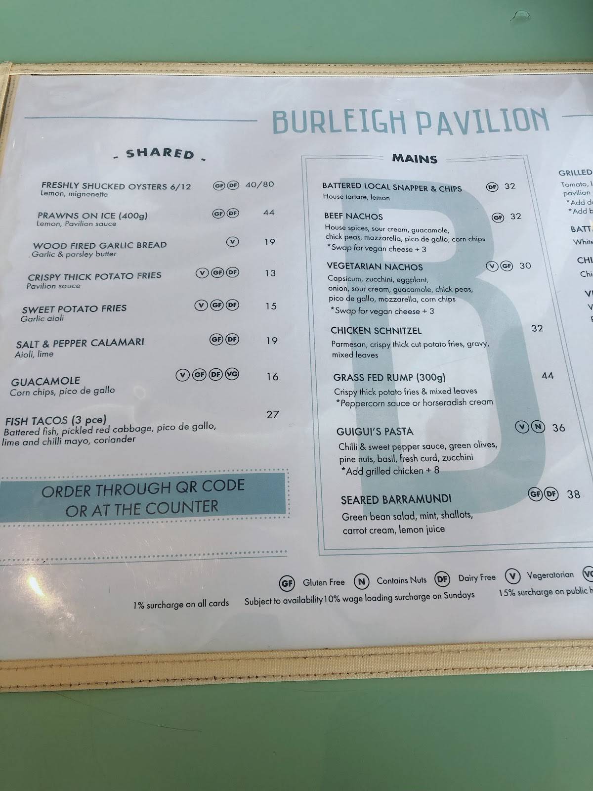 Menu at Burleigh Pavilion pub & bar, Burleigh Heads