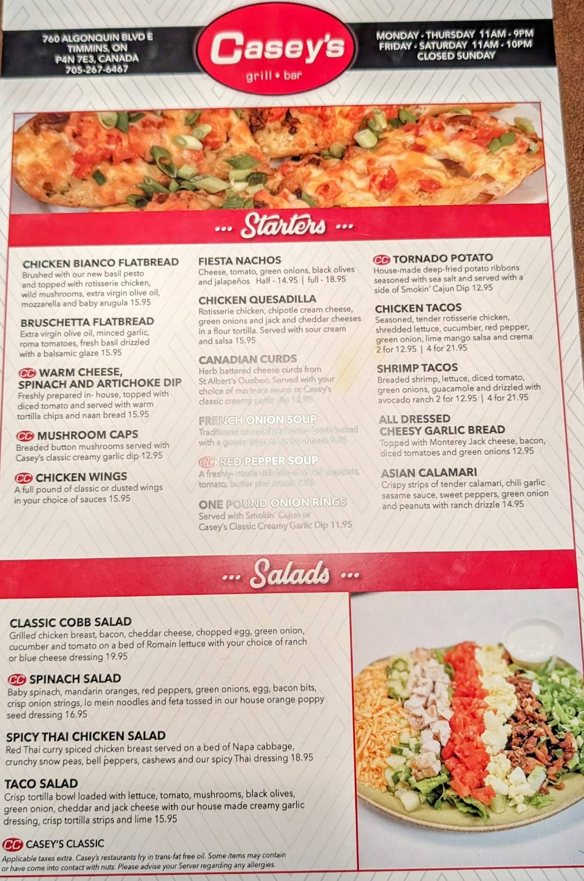Menu at Casey’s Grill Bar, Timmins