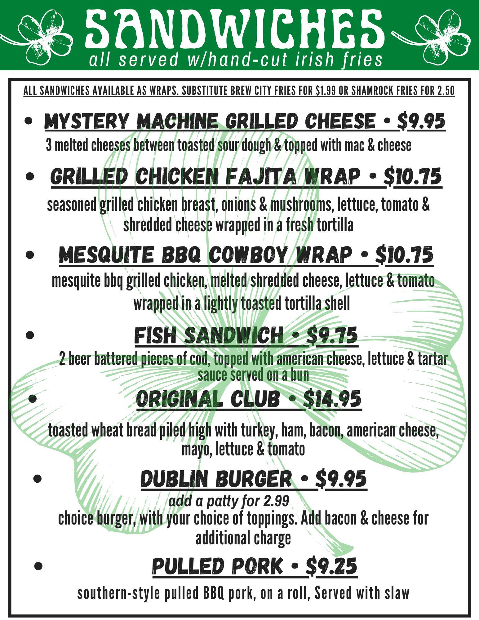 Menu at Clancy's Irish Pub, Keyser, 777 Armstrong St