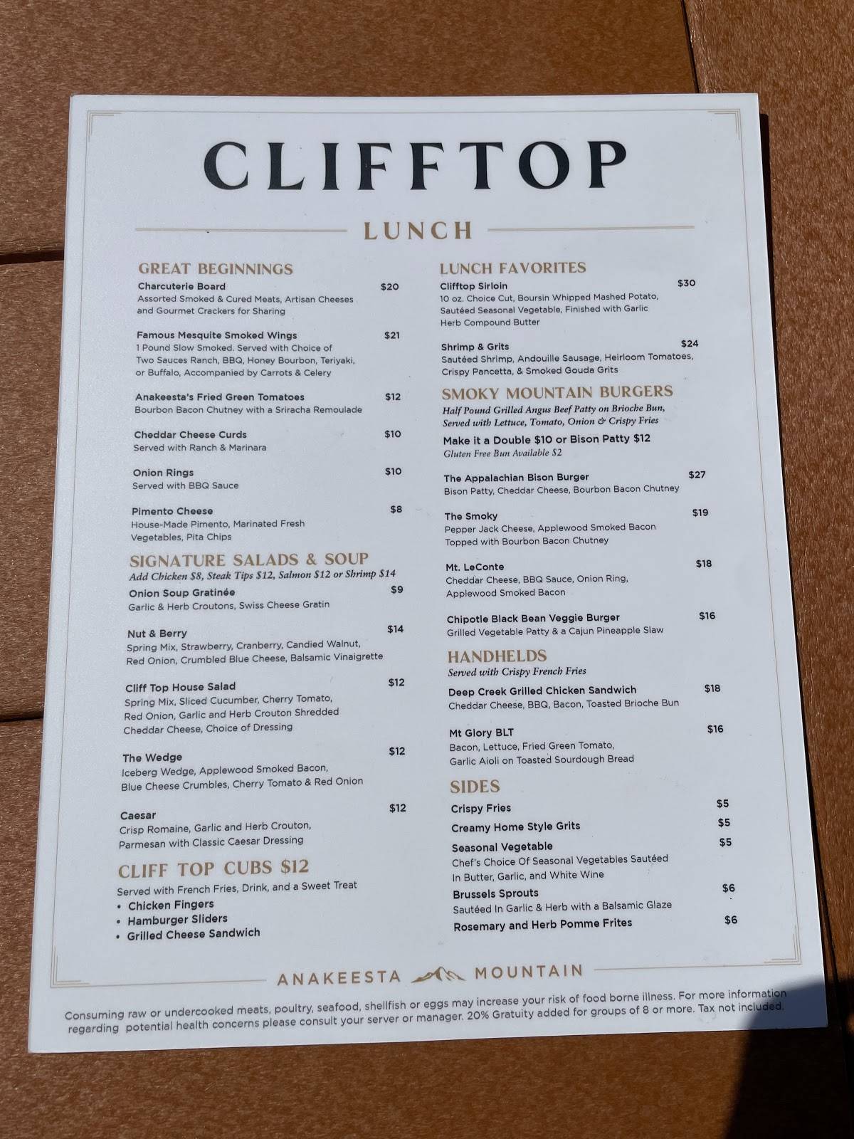 Menu at Cliff Top Restaurant at Anakeesta, Gatlinburg
